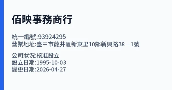 佰映事務商行的照片-統編 93924295(臺中市) 公司登記資料與營業項目詳細圖表