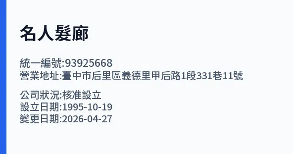 名人髮廊的照片-統編 93925668(臺中市) 公司登記資料與營業項目詳細圖表