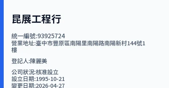 昆展工程行的照片-統編 93925724(臺中市) 公司登記資料與營業項目詳細圖表
