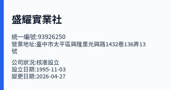 盛耀實業社的照片-統編 93926250(臺中市) 公司登記資料與營業項目詳細圖表