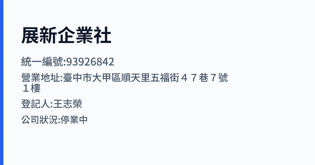 展新企業社 - 統編 93926842(臺中市) 公司登記資料與營業項目詳細圖表