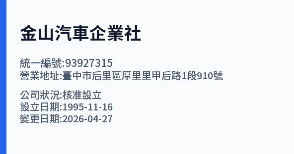 金山汽車企業社的照片-統編 93927315(臺中市) 公司登記資料與營業項目詳細圖表