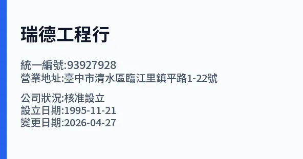 瑞德工程行的照片-統編 93927928(臺中市) 公司登記資料與營業項目詳細圖表