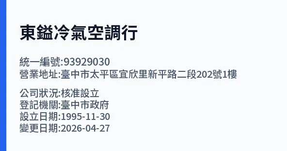 東鎰冷氣空調行的照片-統編 93929030(臺中市) 公司登記資料與營業項目詳細圖表