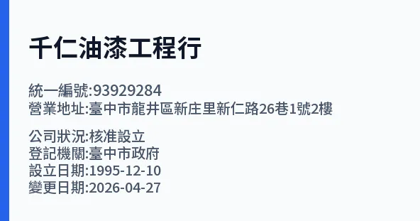 千仁油漆工程行的照片-統編 93929284(臺中市) 公司登記資料與營業項目詳細圖表