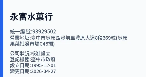 永富水菓行的照片-統編 93929502(臺中市) 公司登記資料與營業項目詳細圖表