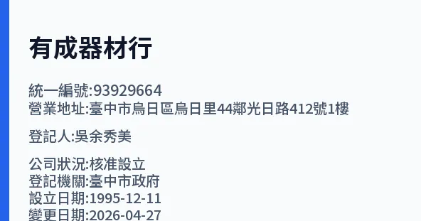 有成器材行的照片-統編 93929664(臺中市) 公司登記資料與營業項目詳細圖表