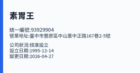 素胃王的照片-統編 93929904(臺中市) 公司登記資料與營業項目詳細圖表