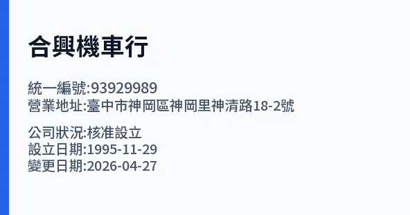 合興機車行的照片-統編 93929989(臺中市) 公司登記資料與營業項目詳細圖表