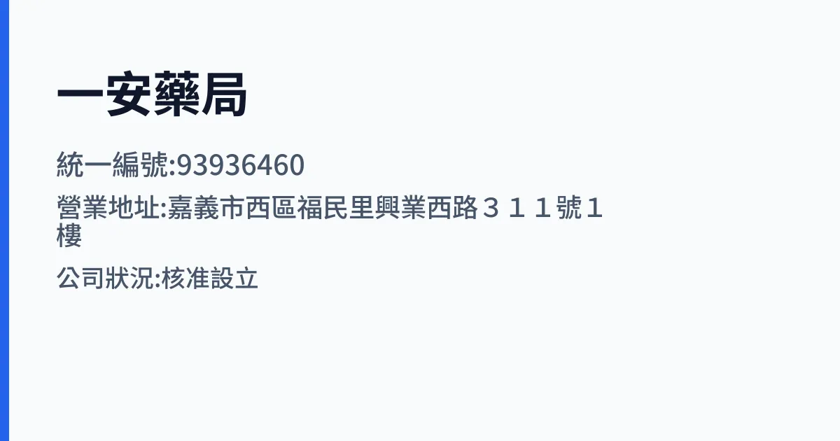 一安藥局 - 統編 93936460(嘉義市) 公司登記資料與營業項目詳細圖表