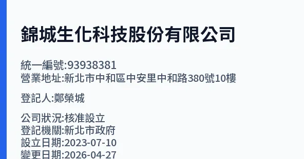 錦城生化科技股份有限公司的照片-統編 93938381(新北市) 公司登記資料與營業項目詳細圖表