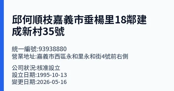邱何順枝嘉義市垂楊里18鄰建成新村35號的照片-統編 93938880(嘉義市) 公司登記資料與營業項目詳細圖表