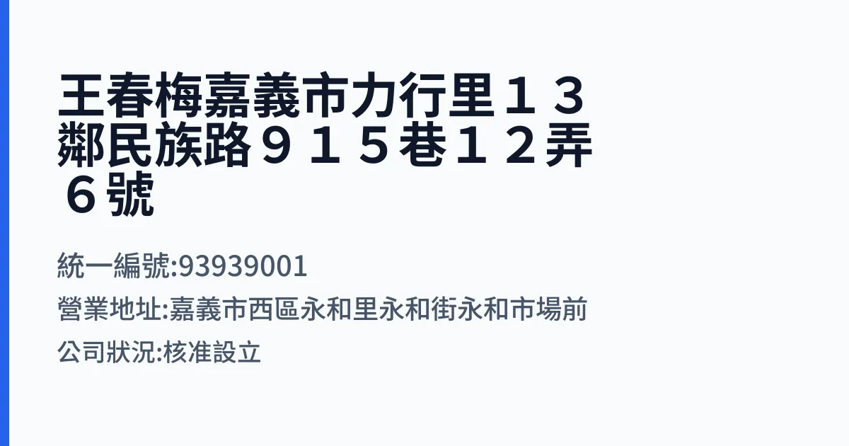 王春梅嘉義市力行里１３鄰民族路９１５巷１２弄６號 - 統編 93939001(嘉義市) 公司登記資料與營業項目詳細圖表