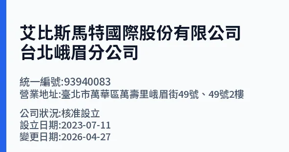 艾比斯馬特國際股份有限公司台北峨眉分公司的照片-統編 93940083(臺北市) 公司登記資料與營業項目詳細圖表