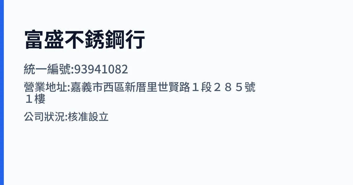 富盛不銹鋼行 - 統編 93941082(嘉義市) 公司登記資料與營業項目詳細圖表