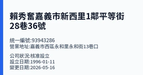 賴秀奮嘉義市新西里1鄰平等街28巷36號的照片-統編 93943286(嘉義市) 公司登記資料與營業項目詳細圖表