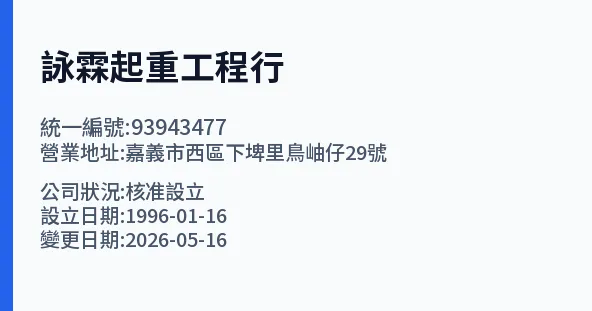 詠霖起重工程行的照片-統編 93943477(嘉義市) 公司登記資料與營業項目詳細圖表