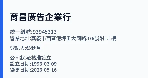 育昌廣告企業行的照片-統編 93945313(嘉義市) 公司登記資料與營業項目詳細圖表
