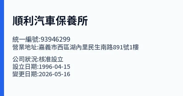順利汽車保養所的照片-統編 93946299(嘉義市) 公司登記資料與營業項目詳細圖表