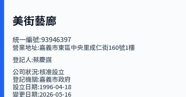 美街藝廊的照片-統編 93946397(嘉義市) 公司登記資料與營業項目詳細圖表