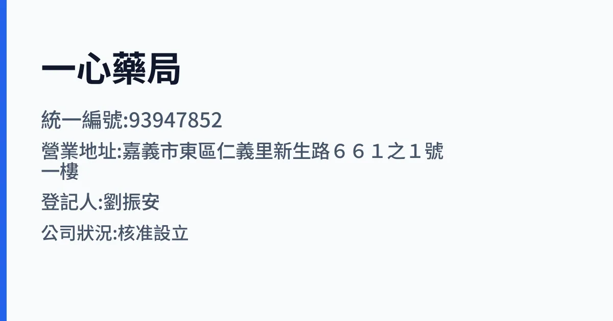 一心藥局 - 統編 93947852(嘉義市) 公司登記資料與營業項目詳細圖表