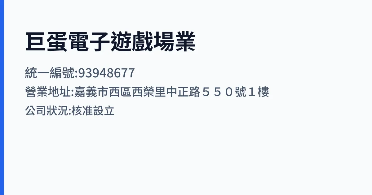 巨蛋電子遊戲場業 - 統編 93948677(嘉義市) 公司登記資料與營業項目詳細圖表