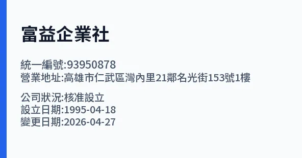 富益企業社的照片-統編 93950878(高雄市) 公司登記資料與營業項目詳細圖表