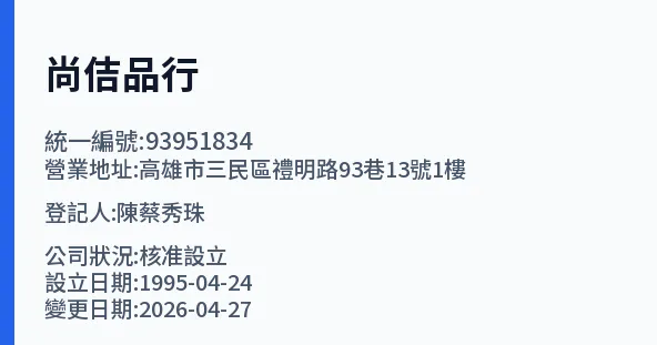 尚佶品行的照片-統編 93951834(高雄市) 公司登記資料與營業項目詳細圖表