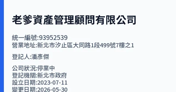 老爹資產管理顧問有限公司的照片-統編 93952539(新北市) 公司登記資料與營業項目詳細圖表