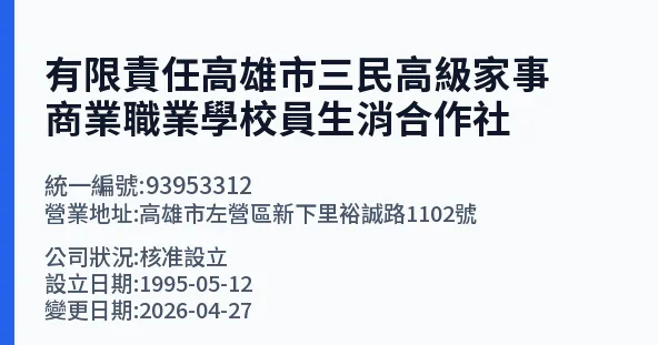 有限責任高雄市三民高級家事商業職業學校員生消合作社的照片-統編 93953312(高雄市) 公司登記資料與營業項目詳細圖表