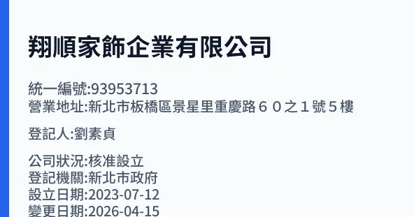翔順家飾企業有限公司的照片-統編 93953713(新北市) 公司登記資料與營業項目詳細圖表