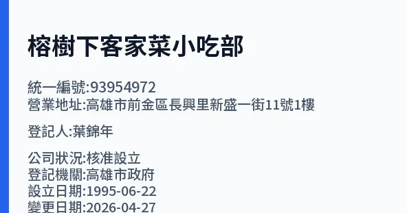 榕樹下客家菜小吃部的照片-統編 93954972(高雄市) 公司登記資料與營業項目詳細圖表