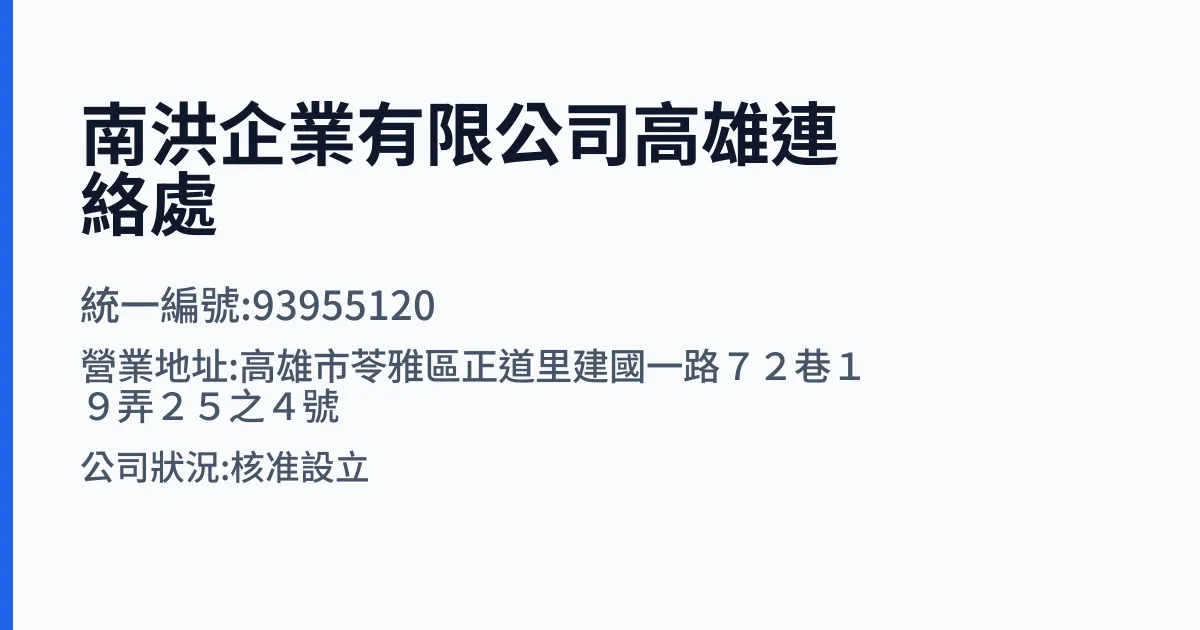 南洪企業有限公司高雄連絡處 - 統編 93955120(高雄市) 公司登記資料與營業項目詳細圖表
