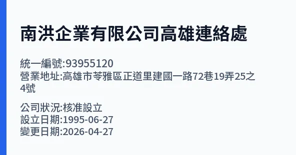 南洪企業有限公司高雄連絡處的照片-統編 93955120(高雄市) 公司登記資料與營業項目詳細圖表