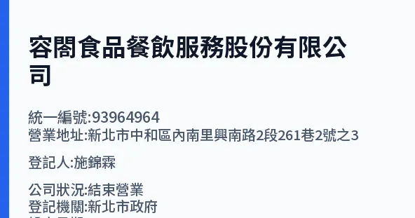 容閤食品餐飲服務股份有限公司的照片-統編 93964964(新北市) 公司登記資料與營業項目詳細圖表