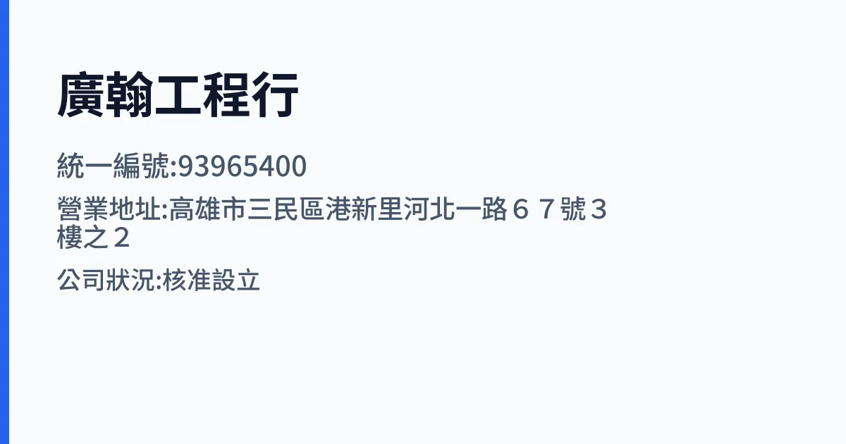 廣翰工程行 - 統編 93965400(高雄市) 公司登記資料與營業項目詳細圖表