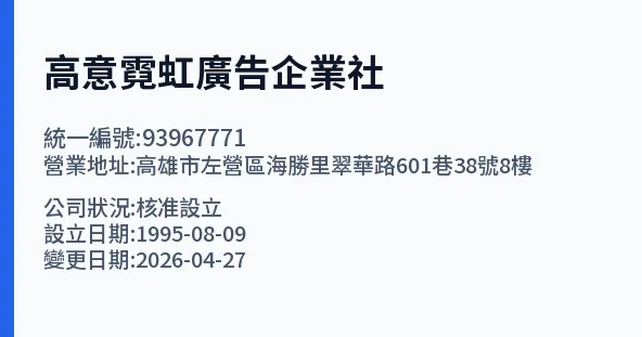 高意霓虹廣告企業社的照片-統編 93967771(高雄市) 公司登記資料與營業項目詳細圖表