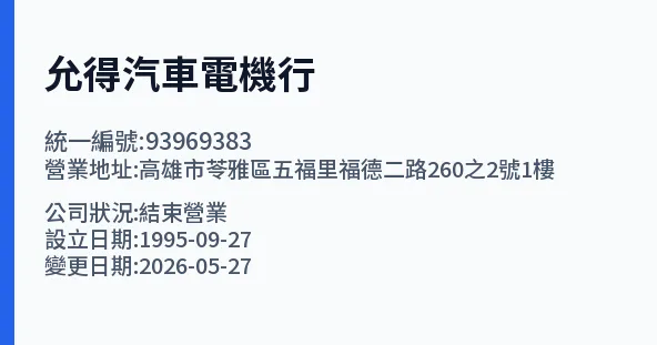允得汽車電機行的照片-統編 93969383(高雄市) 公司登記資料與營業項目詳細圖表