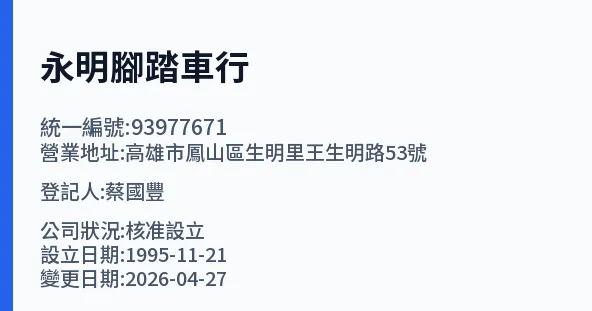 永明腳踏車行的照片-統編 93977671(高雄市) 公司登記資料與營業項目詳細圖表