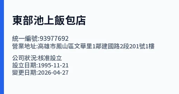 東部池上飯包店的照片-統編 93977692(高雄市) 公司登記資料與營業項目詳細圖表