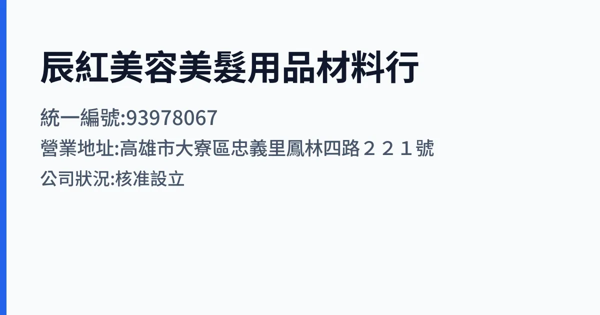 辰紅美容美髮用品材料行 - 統編 93978067(高雄市) 公司登記資料與營業項目詳細圖表