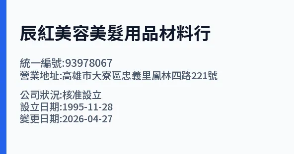 辰紅美容美髮用品材料行的照片-統編 93978067(高雄市) 公司登記資料與營業項目詳細圖表