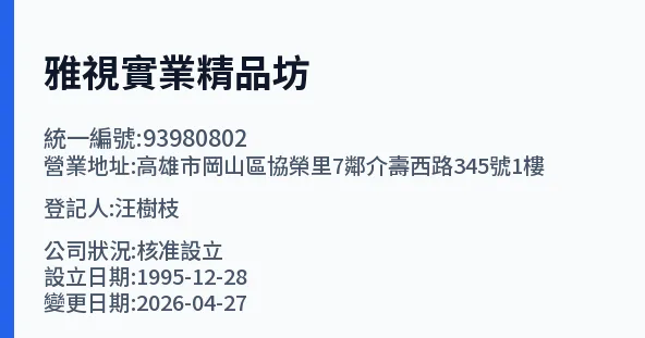 雅視實業精品坊的照片-統編 93980802(高雄市) 公司登記資料與營業項目詳細圖表