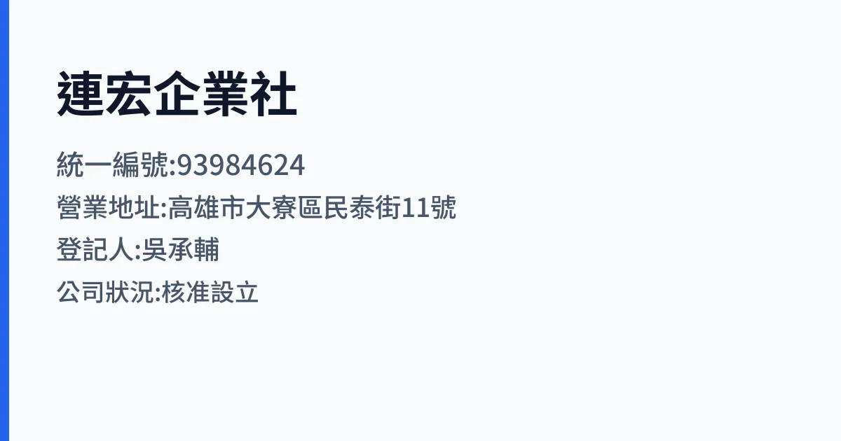 連宏企業社 - 統編 93984624(高雄市) 公司登記資料與營業項目詳細圖表