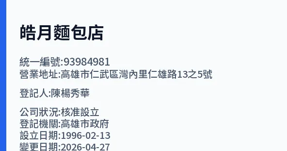 皓月麵包店的照片-統編 93984981(高雄市) 公司登記資料與營業項目詳細圖表