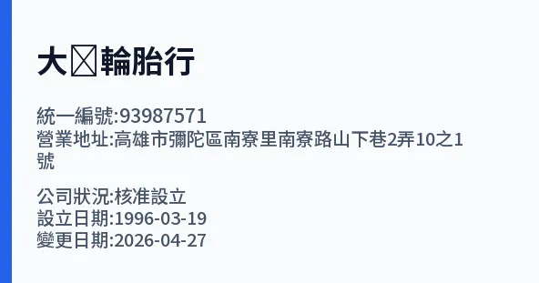 大爲輪胎行的照片-統編 93987571(高雄市) 公司登記資料與營業項目詳細圖表