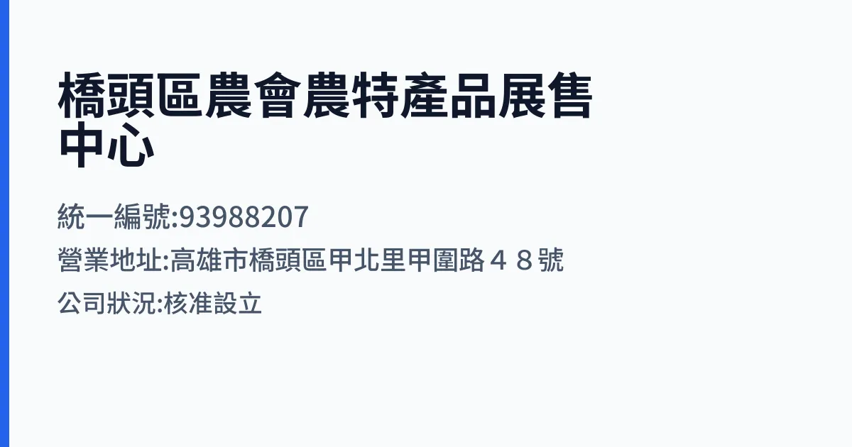 橋頭區農會農特產品展售中心 - 統編 93988207(高雄市) 公司登記資料與營業項目詳細圖表