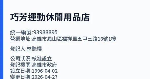巧芳運動休閒用品店的照片-統編 93988895(高雄市) 公司登記資料與營業項目詳細圖表