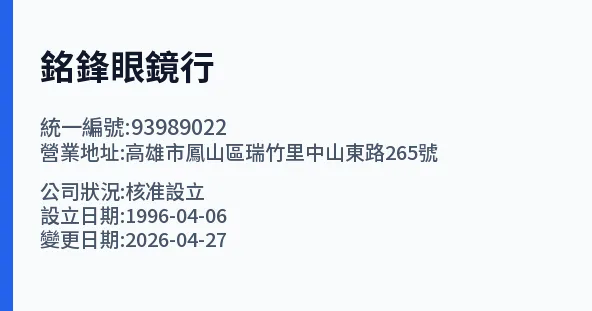 銘鋒眼鏡行的照片-統編 93989022(高雄市) 公司登記資料與營業項目詳細圖表