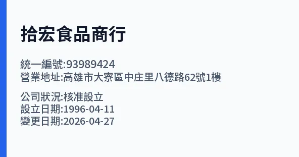 拾宏食品商行的照片-統編 93989424(高雄市) 公司登記資料與營業項目詳細圖表